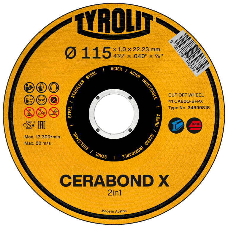 Tyrolit Cerabond X Cut-Off Disc 115x1.0x22.23mm - Inverter Fusion Ltd
